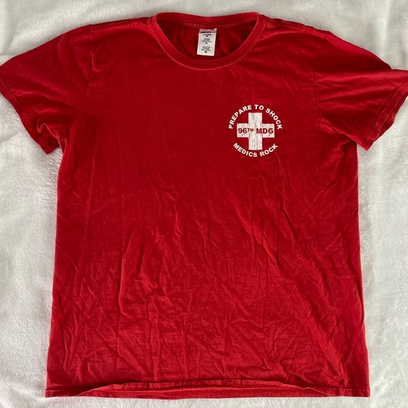 Gildan | Shirts | 96th Mdg Prepare To Shock Medics Rock Red Tshirt ...